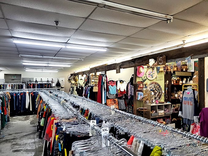 Clothing racks stretch to the horizon like a textile highway&mdash;each hanger a pit stop on your journey to personal style reinvention.