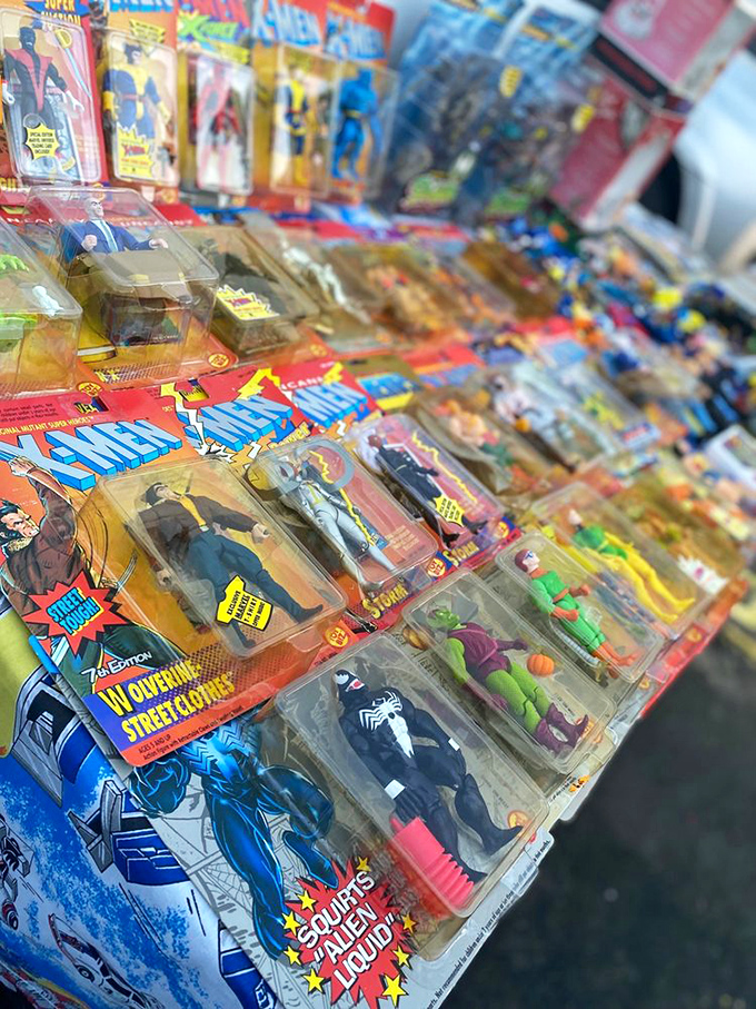 Superhero action figures standing at attention, waiting to rescue your inner child from the mundane adult world.