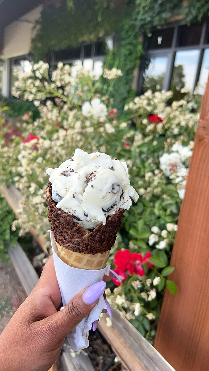 A cookies and cream cone dipped in chocolate with vanilla ice cream&mdash;proof that sometimes the classics become classics for very good reasons.