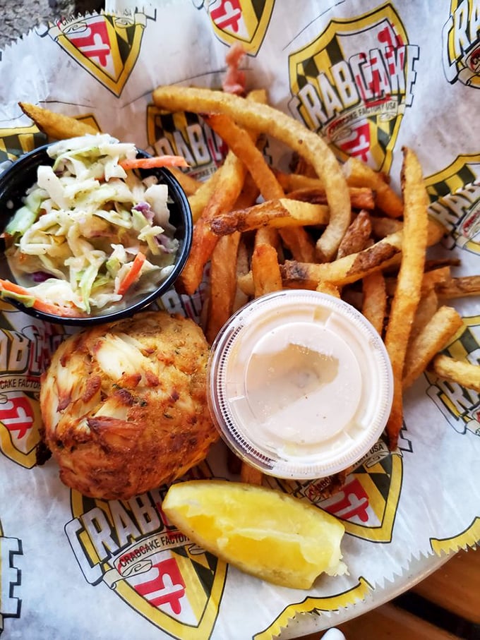 Golden perfection: a crab cake nestled between hand-cut fries and house slaw. The holy trinity of Delmarva dining presented on branded paper.