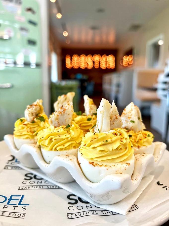 These aren't your grandmother's deviled eggs&mdash;unless your grandmother topped hers with lump crab meat and had a culinary degree.