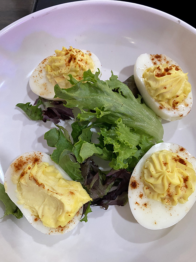 Deviled eggs aren't just church picnic food here. These seaside beauties get dressed up with the perfect pinch of coastal flair.