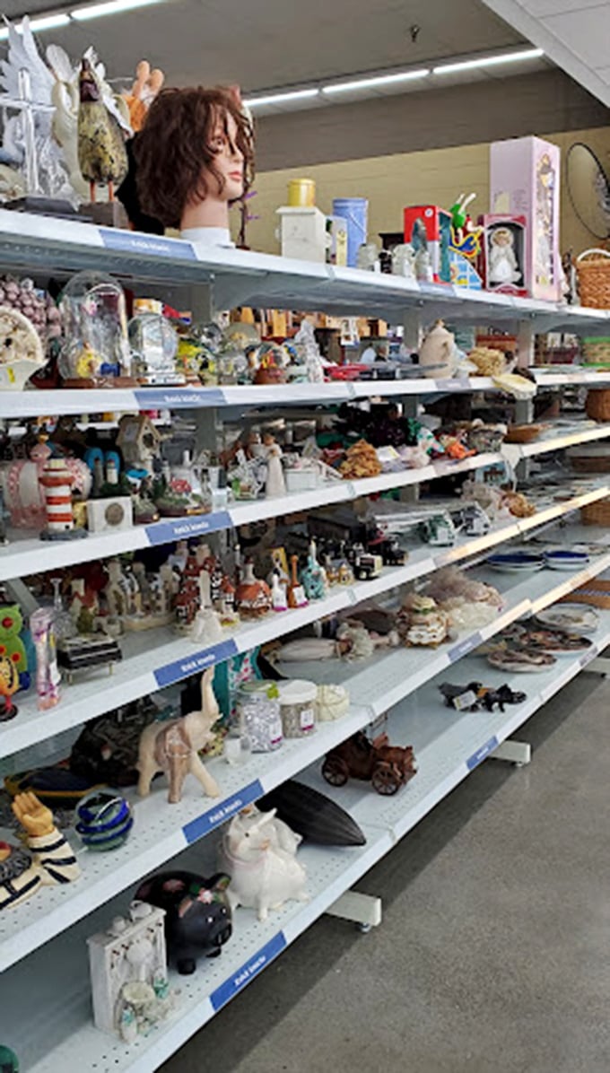 Figurine fantasia! A smorgasbord of knickknacks that spans decades of decorating trends, from kitsch to collectible, all awaiting adoption.