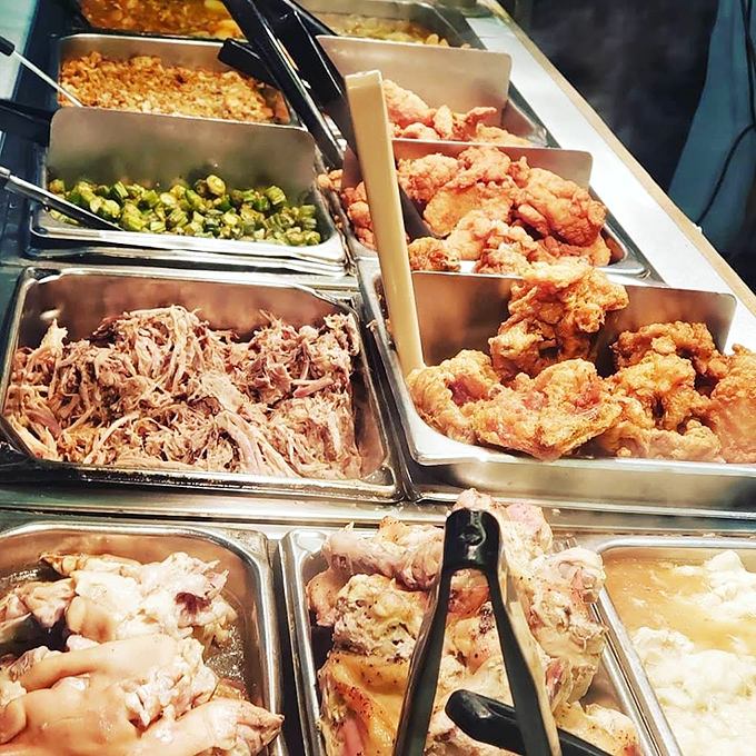 Buffet heaven awaits&mdash;pulled pork, fried chicken, okra, and mac and cheese standing at attention like the Avengers of Southern cuisine.