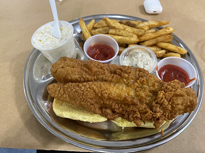 This fried fish sandwich isn't trying to impress Instagram—it's trying to impress your taste buds. Mission accomplished, Captain.