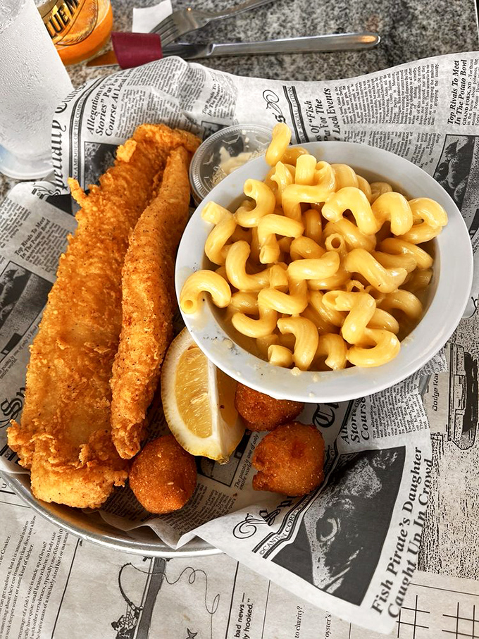 When fish this fresh meets fryer this skilled, magic happens. That mac and cheese isn't just a side&mdash;it's an equal player in this coastal symphony.