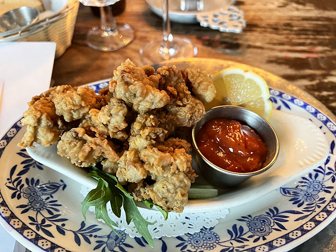 Fried oysters that crackle with colonial swagger. These crispy morsels would have Benjamin Franklin inventing new words just to describe their deliciousness.