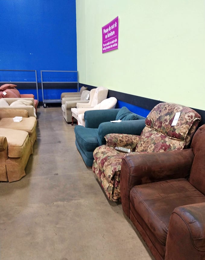 The couch collection looks like a living room lineup where floral patterns from three different decades are having a reunion tour.