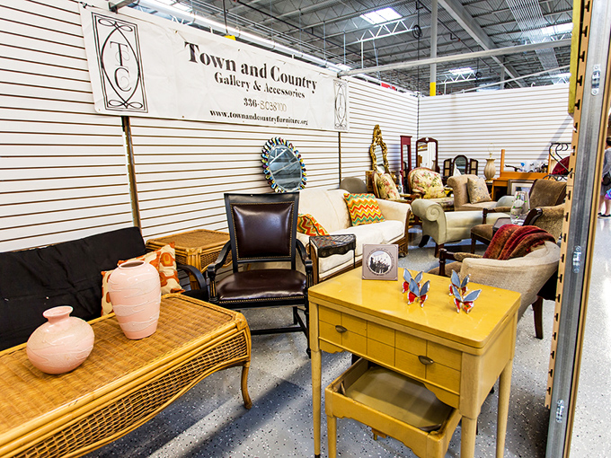 Mid-century modern meets contemporary chic in furniture displays where yesterday's living room centerpieces await their second act.