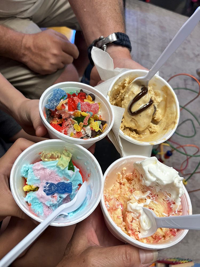 Ice cream social, reimagined. Four different flavors, four different worlds&mdash;from candy-studded fantasy to caramel-drizzled sophistication, all in one frame.