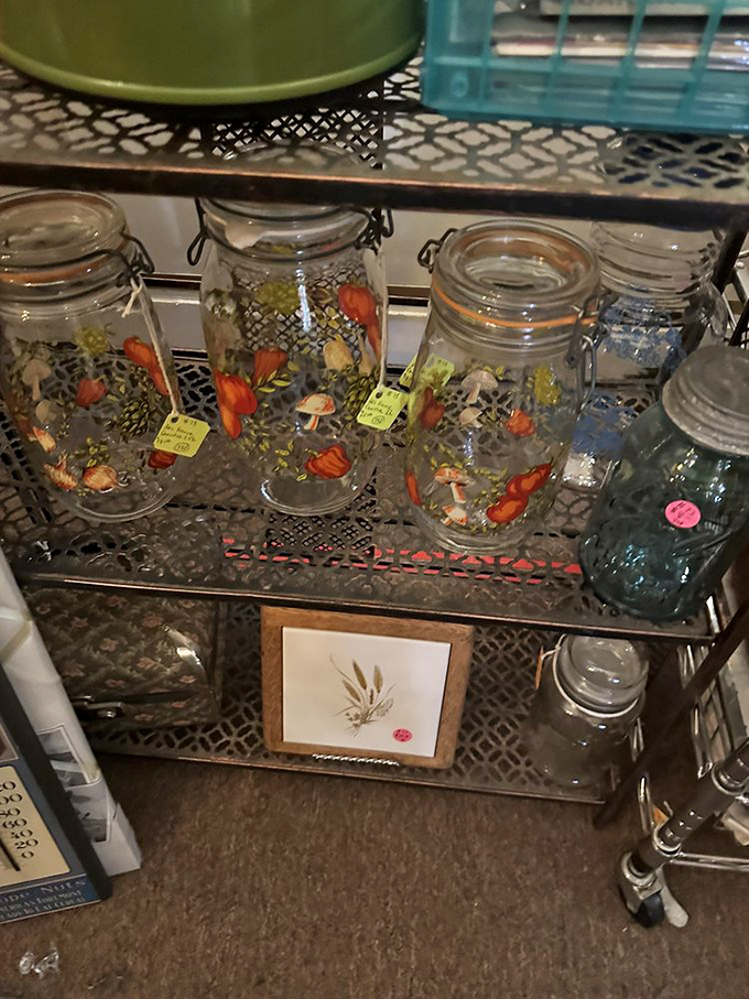 Mason jars reimagined as tiny terrariums. These glass time capsules prove that creativity never goes out of style, even in an antique store.