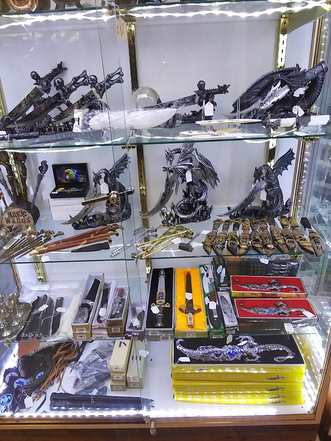 Fantasy meets craftsmanship in this display of ornate dragon knives and collectible weaponry &ndash; perfect for either battling imaginary dragons or opening really impressive mail.