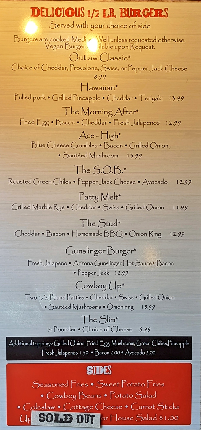 Half-pound burgers with names like "The Gunslinger" and "The Morning After" &ndash; this menu tells stories with every bite.