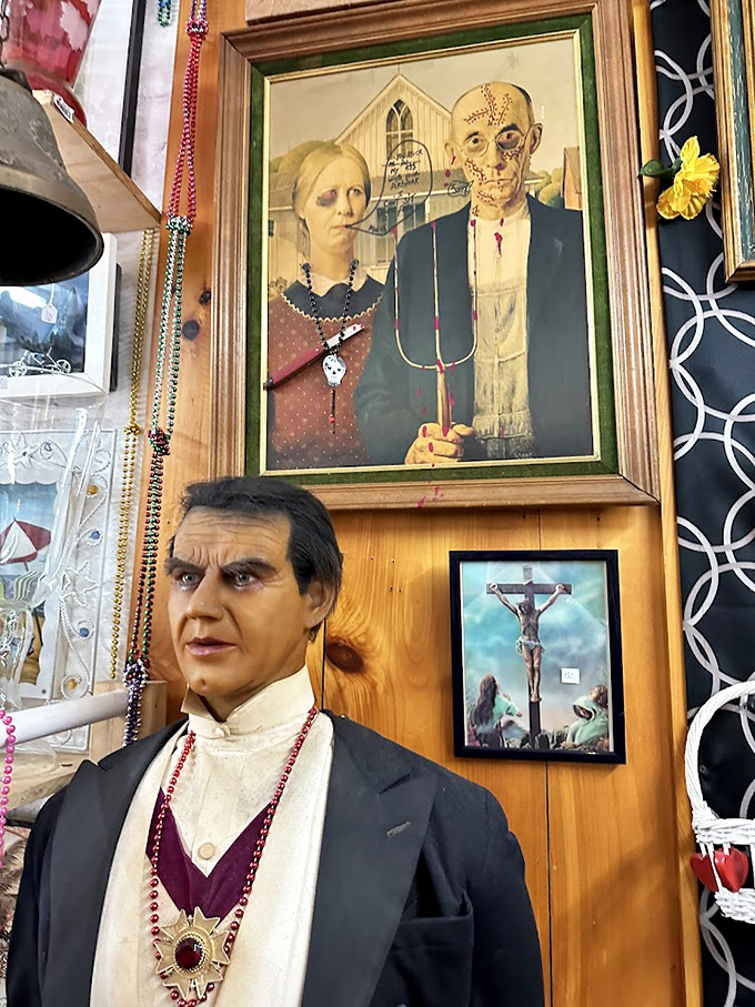 American Gothic gets a macabre makeover, while a vintage mannequin stands sentinel below. Art and oddities create unexpected conversations throughout the store.