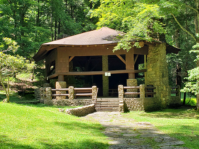 This stone pavilion looks like it was designed by Frank Lloyd Wright's nature-loving cousin. Perfect shelter for when your hiking ambitions exceed your weather luck.
