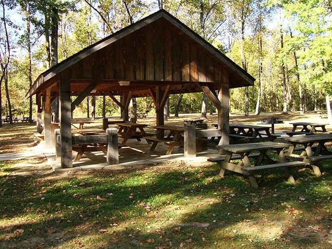 Rustic picnic shelter at Shakamak State Park, where countless family gatherings have created timeless Indiana memories.