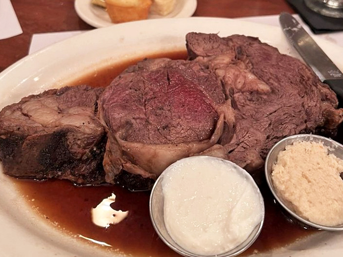 Carnivore poetry on a plate&mdash;this prime rib isn't just cooked, it's honored, with a rosy center that whispers "decades of experience" in every succulent bite.