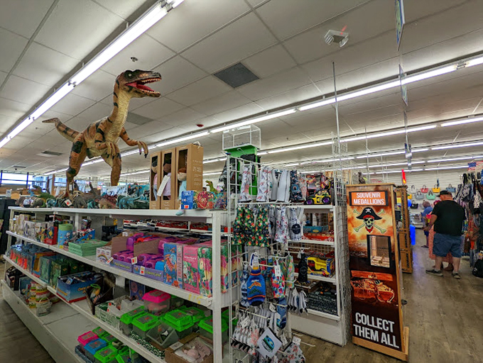 Dinosaurs in a beach shop? Why not! This prehistoric guardian watches over flip-flops and sunscreen like he's auditioning for "Jurassic Beach Party." 