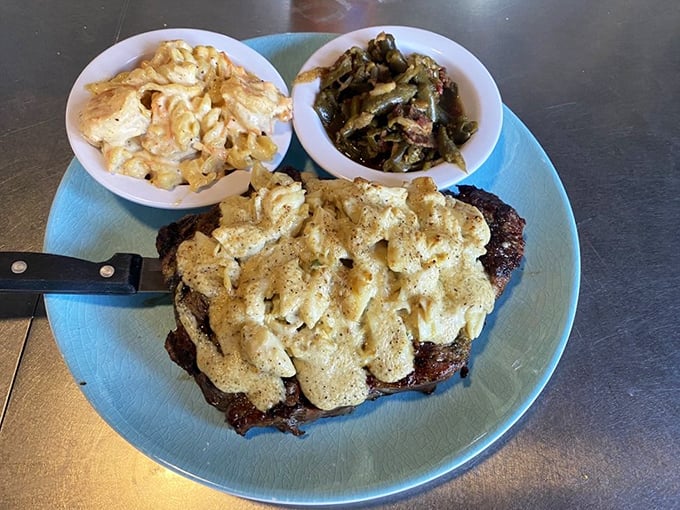 Surf meets turf in spectacular fashion with this ribeye smothered in creamy seafood topping&mdash;like ocean and pasture called a delicious truce.