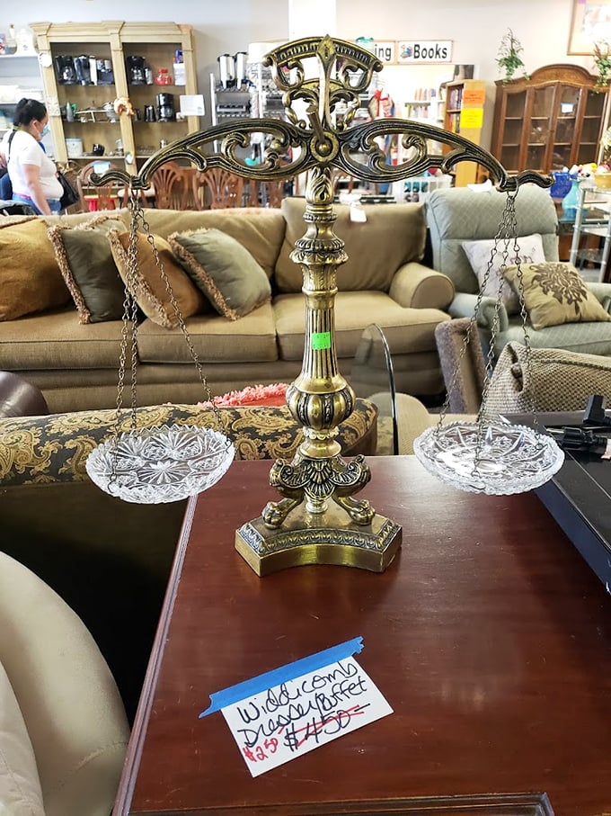 This vintage scale isn't just measuring weight&mdash;it's balancing style and substance. Somewhere, a justice-themed home bar is missing its centerpiece.