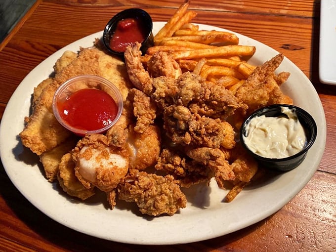 This seafood platter could feed an entire pirate crew. Crispy, golden treasures from the deep that Captain Hook himself would swap his good hand for.