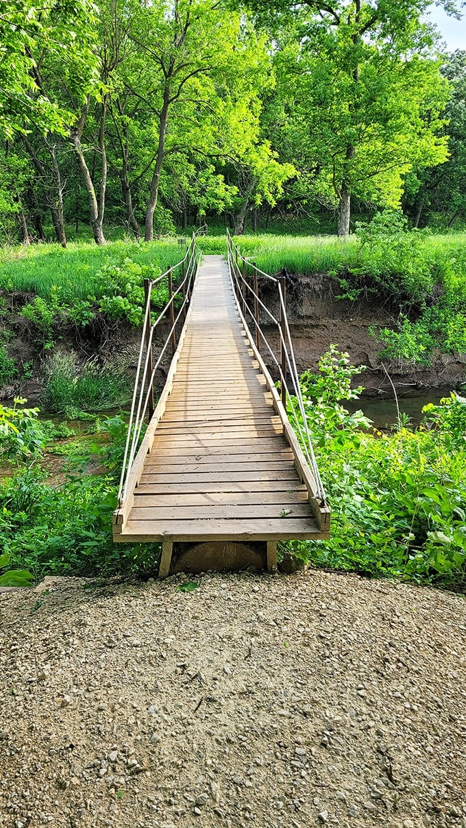 Not all bridges lead to troubled waters. This rustic crossing invites you into a verdant sanctuary where stress simply cannot follow.