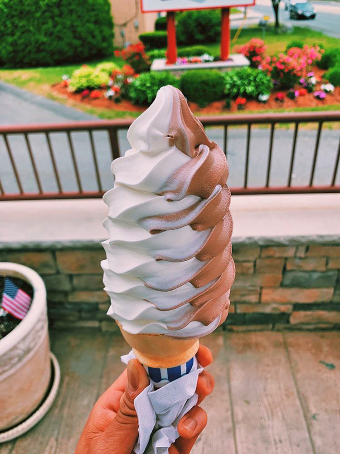 The architectural marvel of soft-serve engineering. This chocolate-vanilla twist stands prouder than most skyscrapers and delivers infinitely more satisfaction than any corporate achievement.
