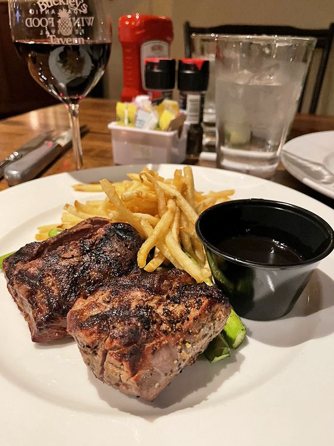 Two words that belong together like old friends: steak frites. Buckley's version delivers that perfect char outside, tender pink inside, with fries crisp enough to make a Frenchman weep.