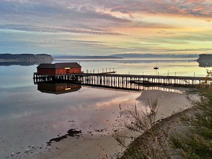 Sunset transforms the wharf into a silhouette artist's dream, painting the sky and water in watercolor hues that no filter could improve.