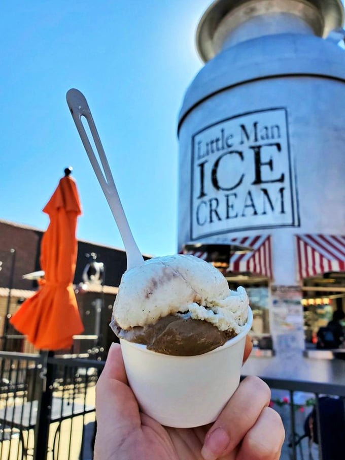 Two scoops playing the sweet harmony of vanilla and chocolate. Against the blurred milk can canvas, this is Denver's version of edible art.