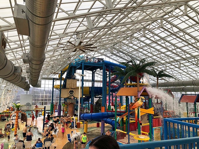 The engineering marvel of water slides that twist through a glass atrium. Like a hamster habitat for humans, but with more chlorine and happier participants.