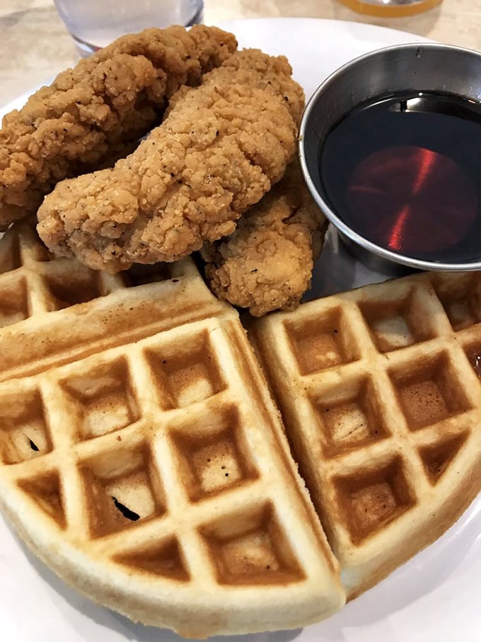 Chicken and waffles: where Southern comfort meets Jewish deli ingenuity. The perfect compromise when you can't decide between breakfast and lunch.