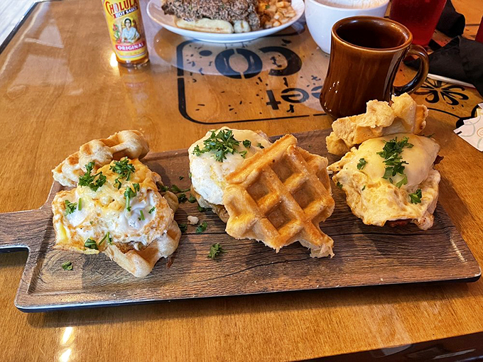 Three perfect bites of breakfast bliss. These waffle sliders prove that good things come in small packages&mdash;and on wooden boards.