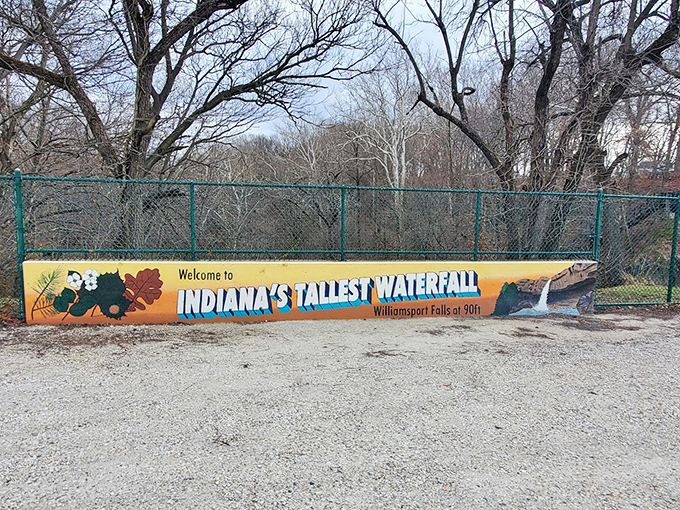 The marquee for Mother Nature's greatest Indiana show. This sign welcomes visitors while subtly boasting about the state's vertical water credentials.