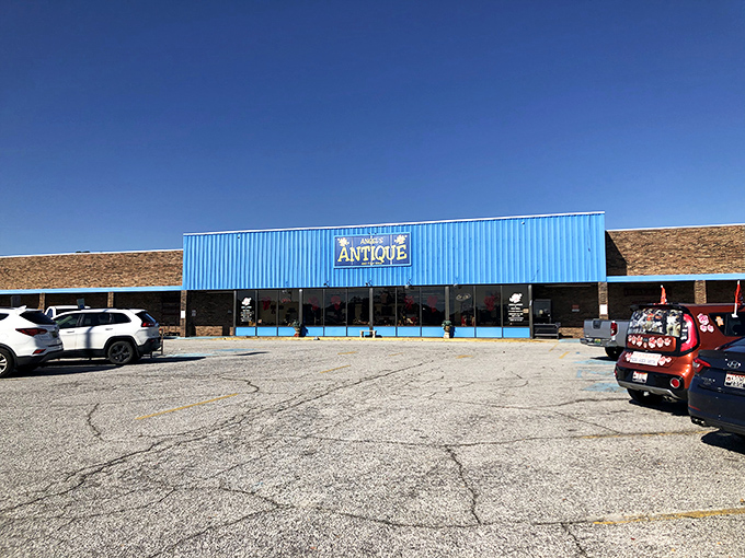 Angel's bright blue facade stands out like a peacock in the parking lot. A color as bold as the treasures waiting inside.