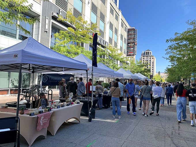 City sidewalks transformed into a marketplace where urban professionals and farmers create the perfect Idaho cultural exchange program.