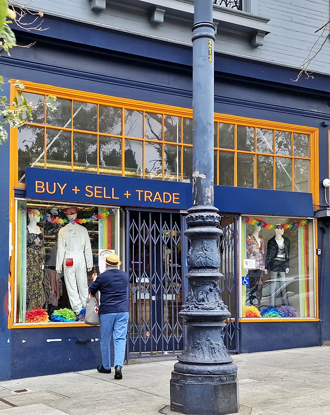 Crossroads Trading's bold blue and yellow facade is like a peacock among pigeons on Market Street.