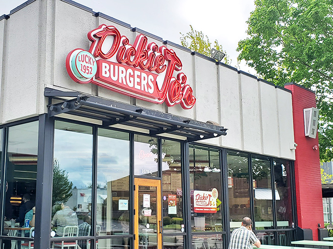 DickieJo's bright red sign promises good times ahead. Like a burger beacon calling to hungry Eugene residents