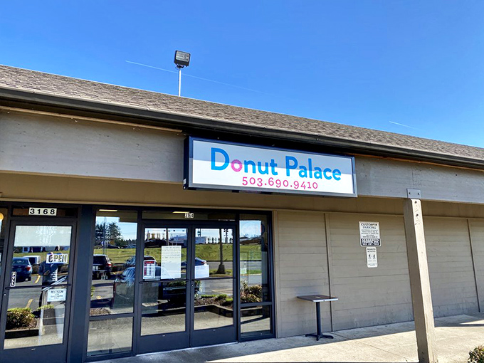 Donut Palace's display case is a treasure chest of glazed, frosted, and filled jewels. Royalty for the common folk! 