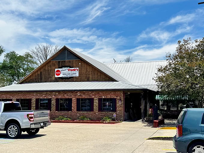 Frank's rustic cabin vibes hide a breakfast powerhouse where pancakes are the size of your childhood dreams.