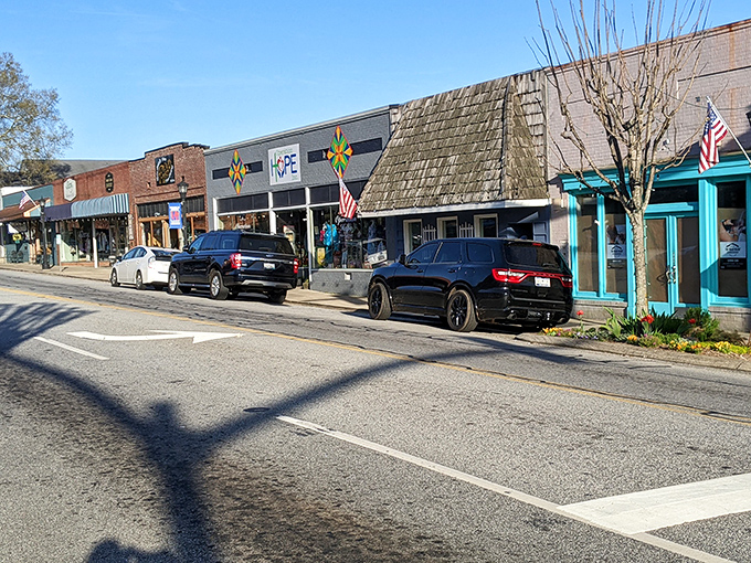 Landrum's main street shops pop with color against the backdrop of the Blue Ridge Mountains.