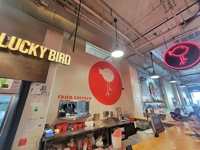 Lucky Bird's bold signage cuts through Grand Central Market's sensory overload like a beacon for fried chicken pilgrims.