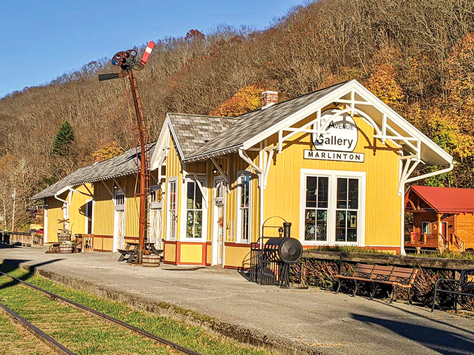 Marlinton: This sunny yellow train depot doesn't just pop against the autumn hills&mdash;it practically sings.