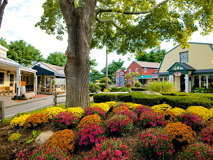 Colorful flowers welcome visitors to Old Mystic's shopping area. Window shopping here is a treat that costs nothing!