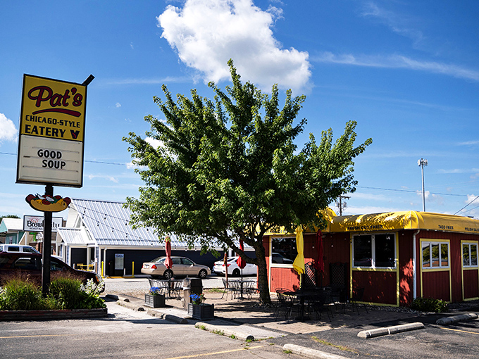 Pat's Chicago Dogs brings big city flavor to small-town Syracuse. That cheery red building houses some serious hot dog credentials.
