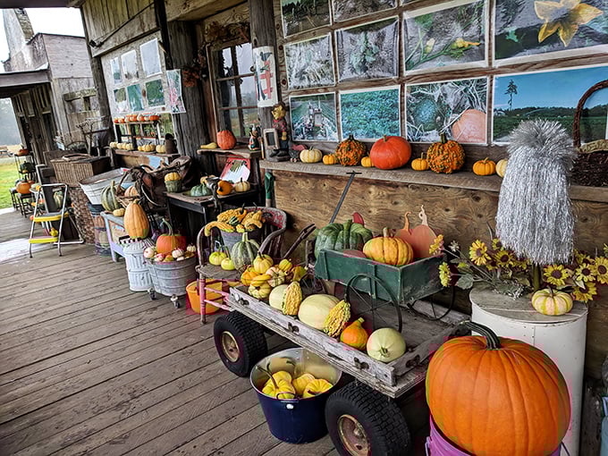 Farm-fresh shopping experience! Colorful pumpkins create the perfect autumn backdrop for treasure hunting at this charming Sequim market.