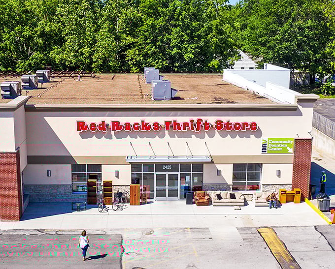 Red Racks' bold signage announces its mission: turning your bargain hunting into support for disabled veterans. Shopping with purpose!