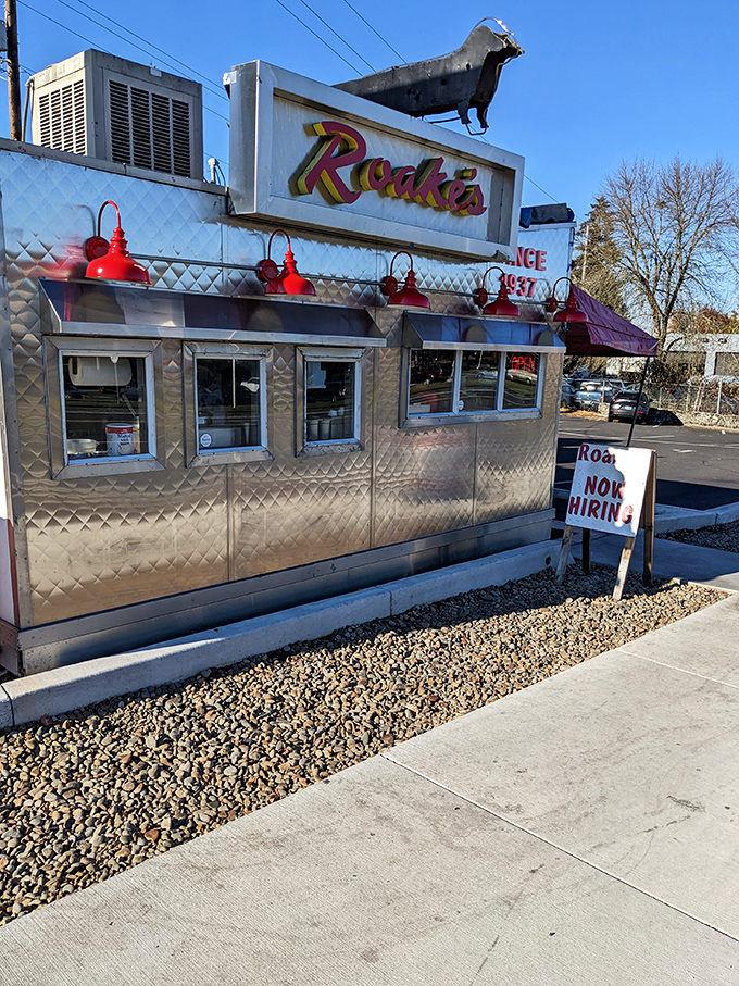 Roake's silver exterior gleams like a chrome beacon of hope for travelers seeking the perfect roadside dog experience.