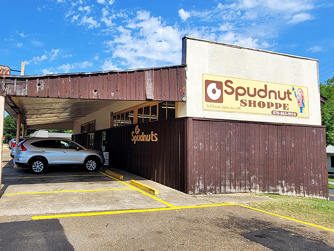 Spudnut's drive-through setup proves they understand the urgency of donut acquisition—no need for small talk, just hand over the goods.