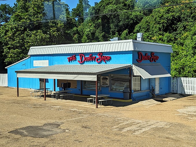 The Donut Shop's bright blue exterior is like a beacon of hope for the breakfast-deprived, promising sweet relief and savory salvation. 